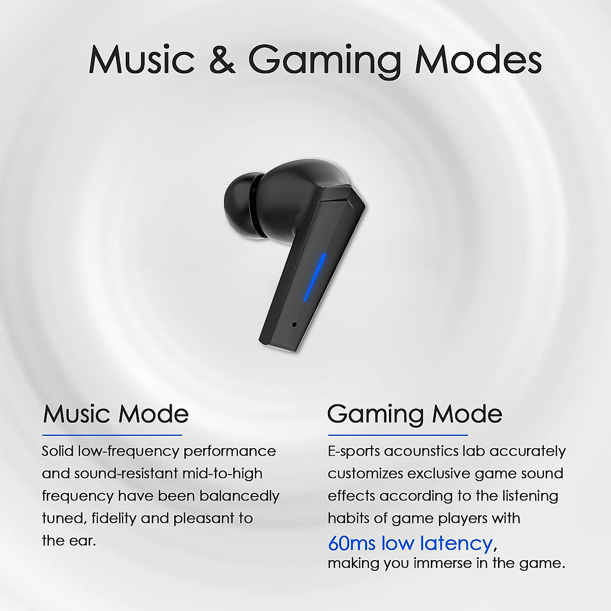 OONOL Wireless Earbuds, Yi-shaney Bluetooth 5.2 Bass Sound Headphones Gaming Earphones with Touch Control, Noise Cancelling Waterproof Headset with Mic, 18H Play Time, 65ms Low Latency (Black)