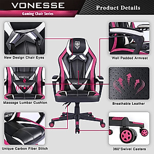 Girls Gaming Chair, Light Pink Computer Chair with Massage, Rose Desk Chair for Girls, Carbon Fiber PC Chair for Adults, Video Game Chair for Teens, Light Pink Modern Chair, Mute-Rolling Castors(Rose)