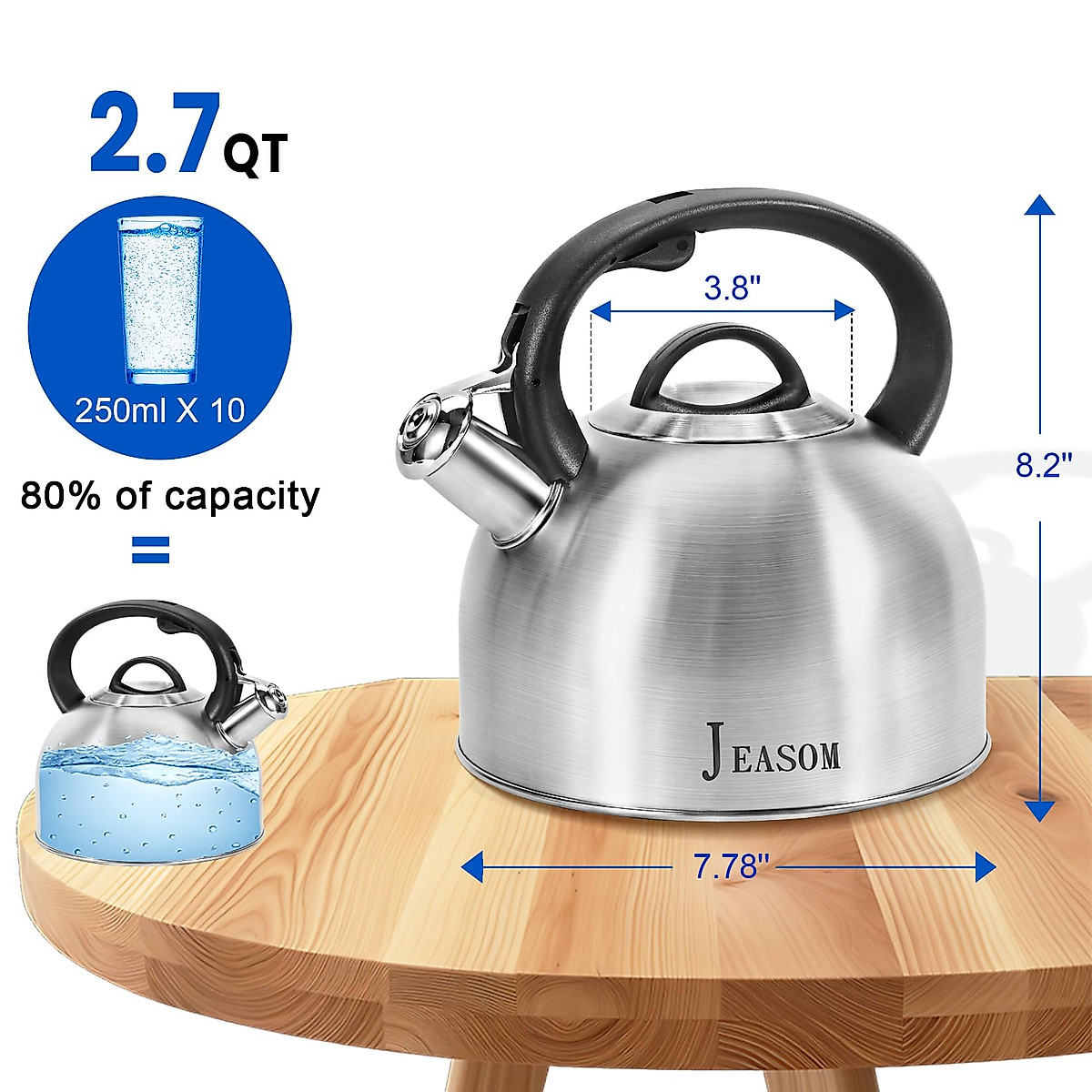 Jeasom Tea Kettle Stovetop - Food Grade Stainless Steel Whistling Tea Pot with Ergonomic Handle, Unique Button Control Kettle Outlet, Can Be Used in the Kitchen or Camping, 3.1 Q/3L