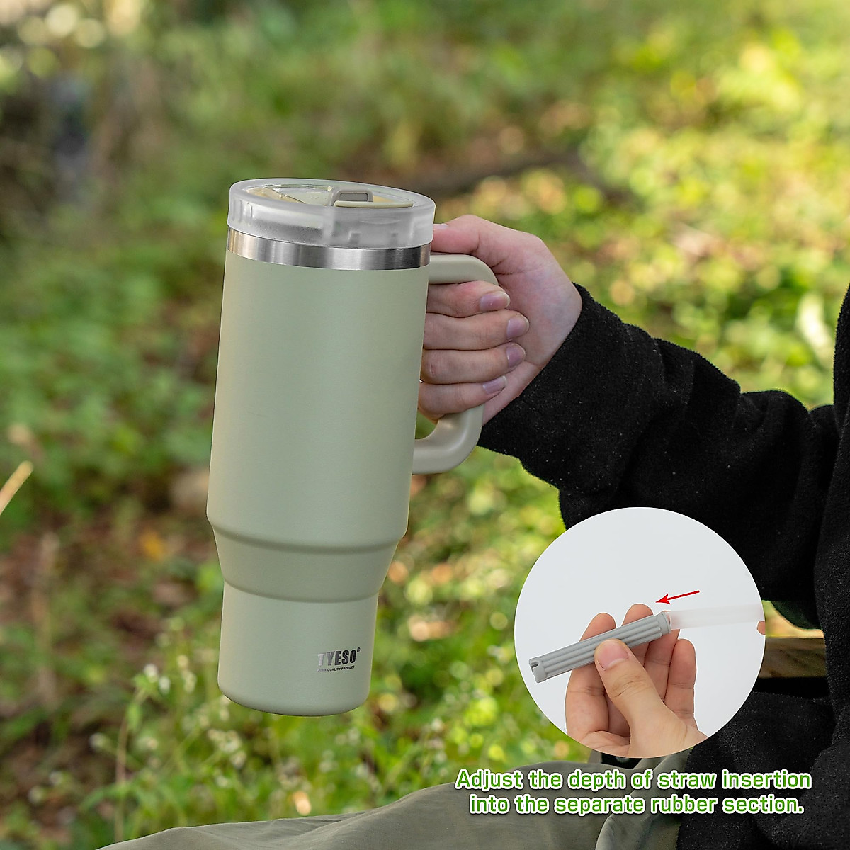 TYESO 30 oz Tumbler with Handle, Straw and Lid - Leak Resistant Insulated Stainless Steel Water Bottle, Car Cup Holder Friendly Travel Coffee Mug Green - Gifts for Men & Women