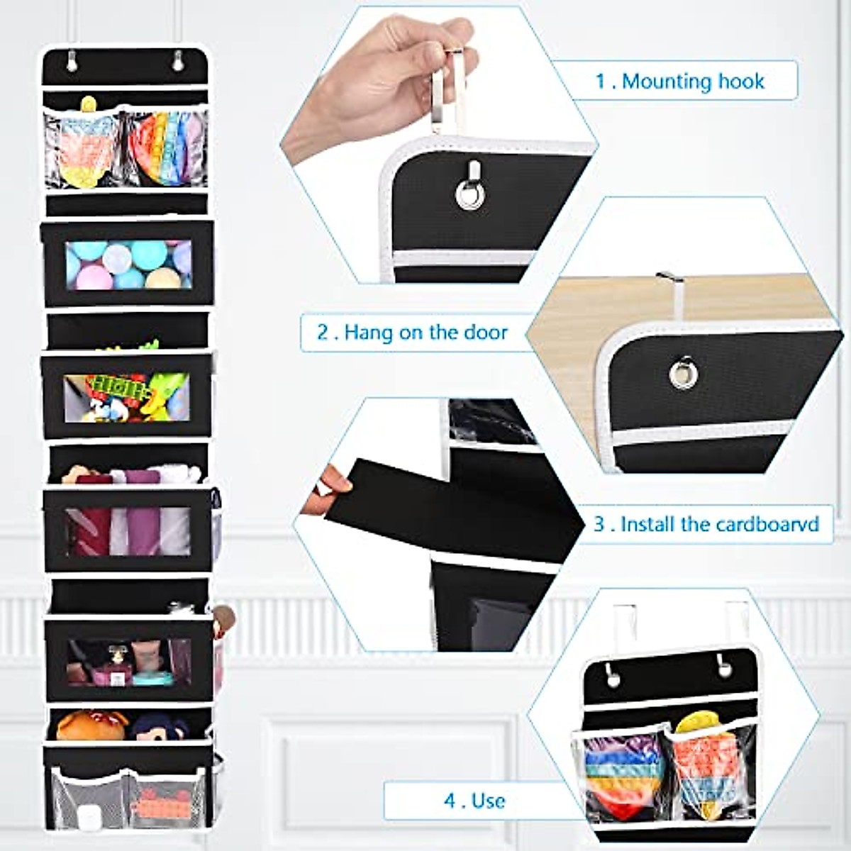 Meirenda Over the Door Hanging Organizer with 5 Large Clear Window Nursery Closet Baby Wall Mount Hanging Door Organizer Storage for Bedroom, Bathroom, Kitchen, Closet and Dorm with 19 Pockets (Black)