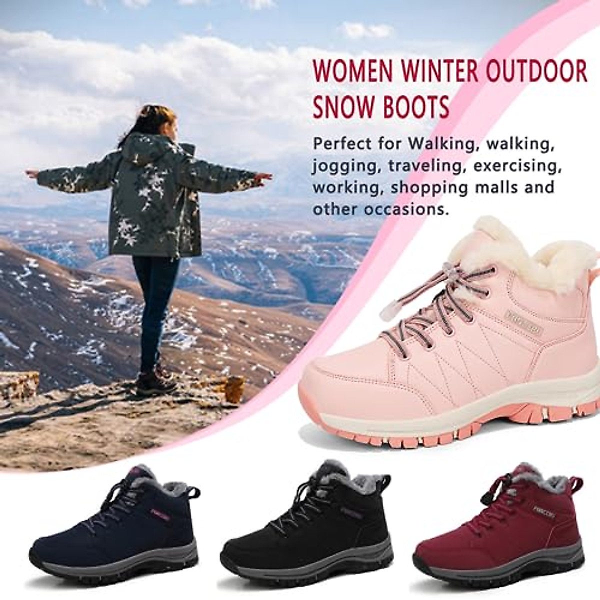 ZHNSHM Womens Winter Boots Casual Lightweight Waterproof Snow Boots Anti-Slip Fur Lined Trekking Backpacking Hiking Boots