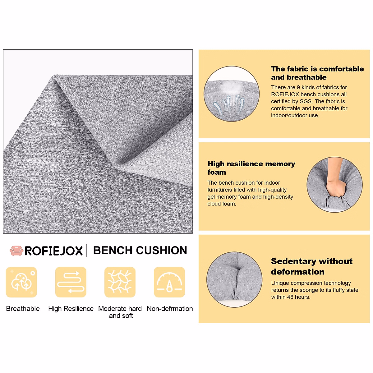 ROFIEJOX Bench Cushion 36 Inch - Polyester Brushed, High-Density Foam, Non-Slip Bottom, Soft Durable Indoor Tufted Long Seat Cushion for Window Garden Furniture (Grey, 36x14x4 Inch)