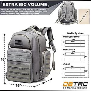 Diaper Bag Backpack for Dad, DBTAC Large Baby Nappy Bag for Men w/Changing Mat, Insulated+Wipe Pockets, Stroller Straps, Grey