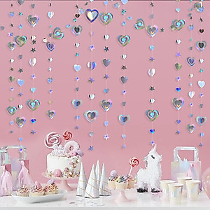 40Ft Iridescent 3D Heart Twinkle Star Garland Holographic Paper Streamer Banner for Birthday Mother's Day Anniversary Engagement Wedding Bridal Baby Shower Hen Valentines Day Party Decoration Supplies
