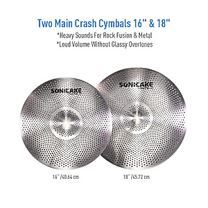 SONICAKE Low Volume Cymbal Pack Quiet Cymbal Set 14"Hi-hats+16"Crash+18"Crash+20"Ride 5 Pcs Mute Drum Cymbal Set Quiet Practice Cymbal, Sliver