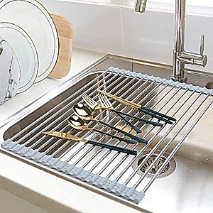 EC ELEGANTCHARM Roll Up Dish Drying Racks, Over Kitchen Sink Counter Rv Wide 17.5" x 16" Rollup Dish Rack, Foldable Stainless Steel Multipurpose Heat Resistant Rolling Dishes Drainer