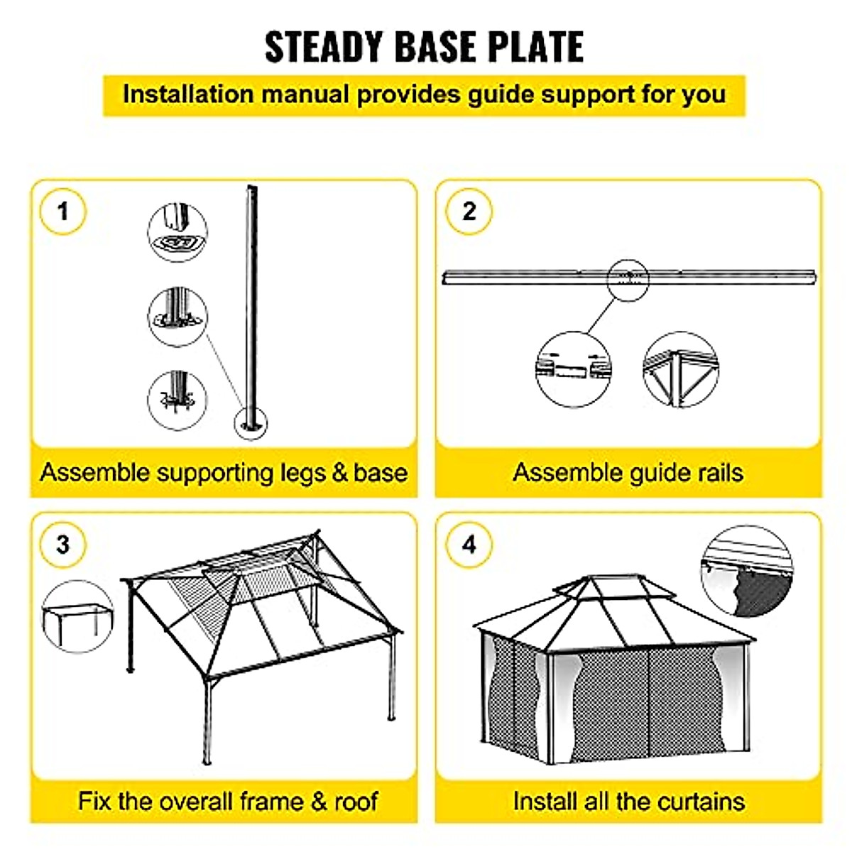 Happybuy Patio Gazebo, 10’ x 12’ Outdoor Gazebo Canopy, Patio Canopy w/Double PVC Plastic Roof, Aluminum Frame with Curtains and Netting, Shelter for Patios, Backyard, Outdoor Lawn