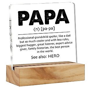 Gifts for Papa Grandpa Grandfather, Papa Definition Desk Decor Acrylic Desk Plaque Sign with Wood Stand Home Office Desk Sign Keepsake Father's Day Present