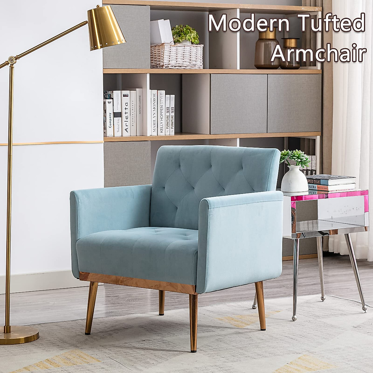 Olela Accent Chair with Arms for Living Room, Modern Tufted Single Sofa Armchair with Gold Metal Legs Upholstered Reading Chair for Bedroom Office Decorative (Velvet-Smooth Backrest, Blue)