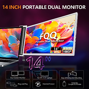 14” Dual Laptop Monitor Extender- FHD 1080P IPS Portable Screen Extender with USB-C & Mini HDMI Port, Plug & Play, Easy to Carry, Lightweight Side Screen for 14-17.3” Laptops, Switch, Xbox
