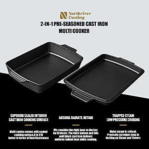 2-In-1 Pre Seasoned Cast Iron Dutch Oven With Skillet Lid,Casserole Dish,Rectangular Baking Pan,Griddle Pot Set, 6QT, 9"x13"
