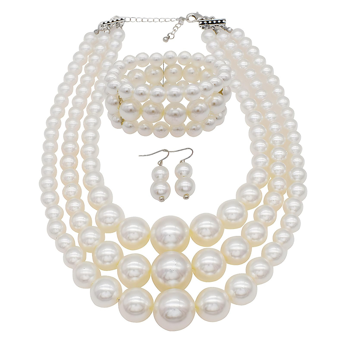 We Imitation Pearl Necklace for Women Large Chunky Pearl Necklaces Multilayer Pearl Necklace and Earring 1920s Costume Jewelry set (white pearl necklace set)