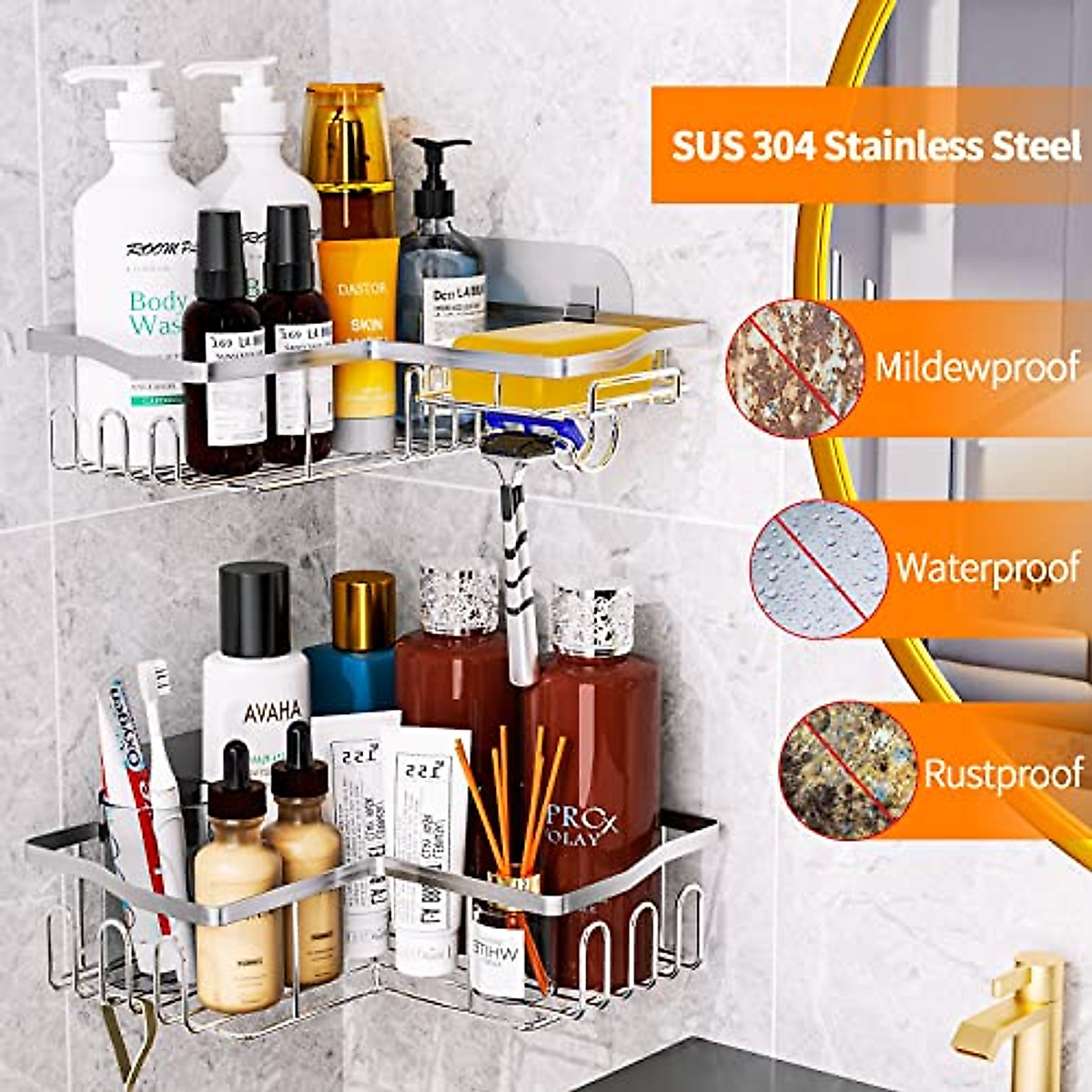 Shower Caddy Corner with Soap Holder, 2 Pack Stainless Steel Shower Organizer Corner with 11 Hooks, No Drilling & 6 Strong Adhesives Corner Shower Shelf Bathroom Organizer for Shower Room, Silver