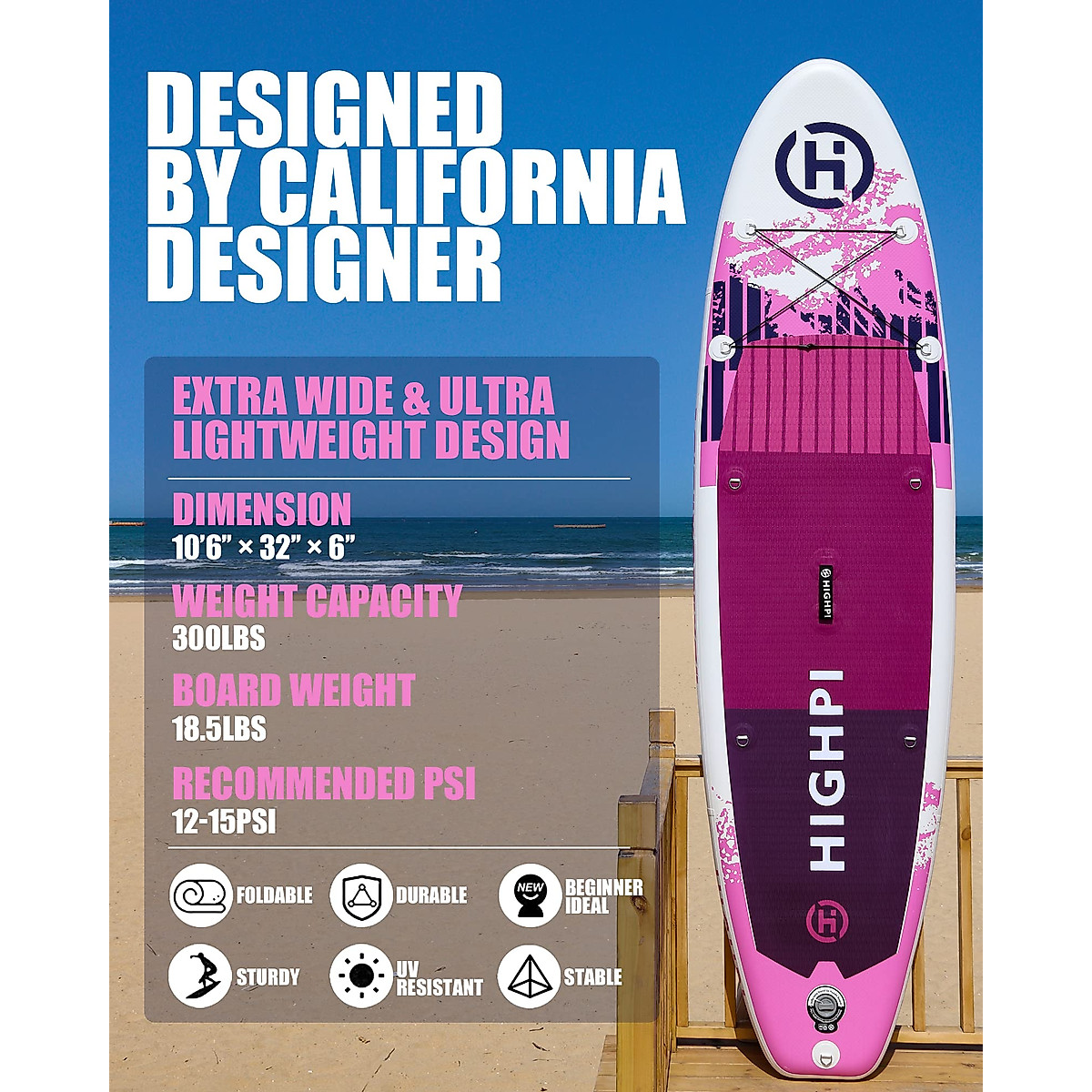Highpi Inflatable Stand Up Paddle Boards, 10'6''x32''x6'' SUP with Accessories Backpack Anti-Slip Deck, Leash, Paddle and Hand Pump, Pink Paddle Board Standing Boat for Youth & Adult