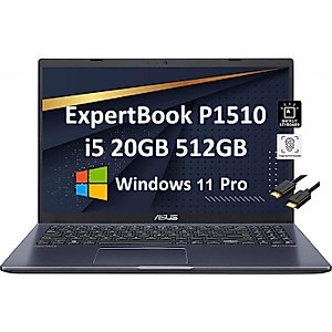 ASUS ExpertBook P1 P1510 15.6" FHD (Intel 4-Core i5-1035G1, 20GB RAM, 512GB PCIe SSD, Full HD IPS) Business Laptop, Backlit Keyboard, Fingerprint Reader, Type-C, Win 11 Pro, Aluminum Blue