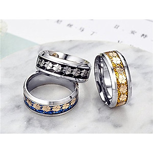 PAMTIER Titanium Steel 8 MM Four Clover Leaf Inlay Pattern Rings for Women Beveled Edges Black Size 9