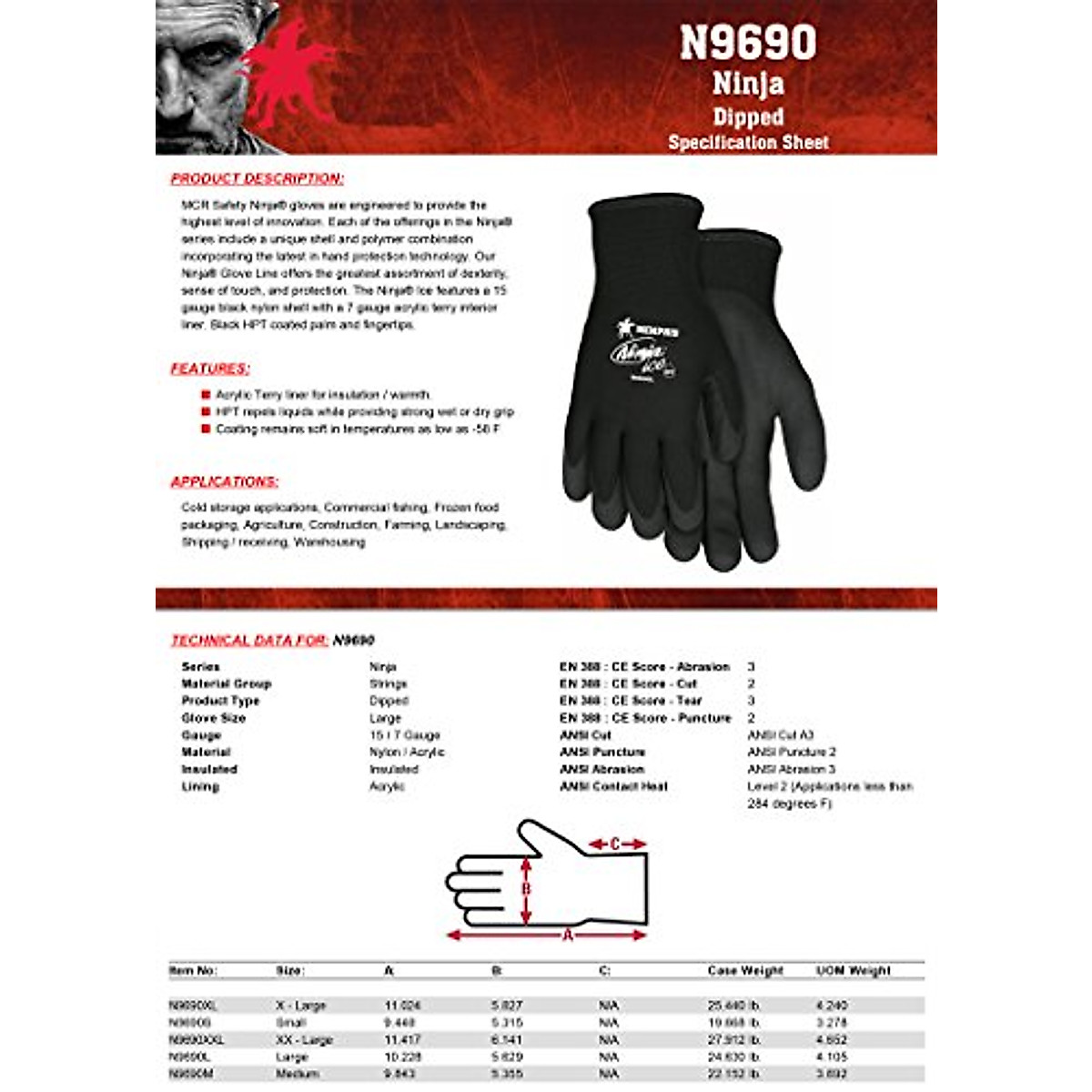 MCR Safety N9690S Ninja Ice 15 Gauge Black Nylon Cold Weather Glove, Acrylic Terry Inner, HPT Palm and Fingertips, Small, 1 Pair