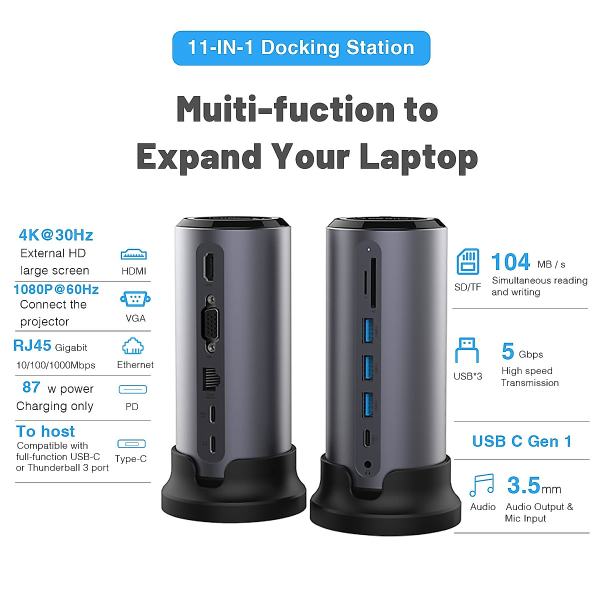 DynTech DYNTECH USB Docking Station, USB C Hub to Dual VGA HDMI Ports. USB Type C hub Dual Monitor. Keyboard and Mouse Adapter for