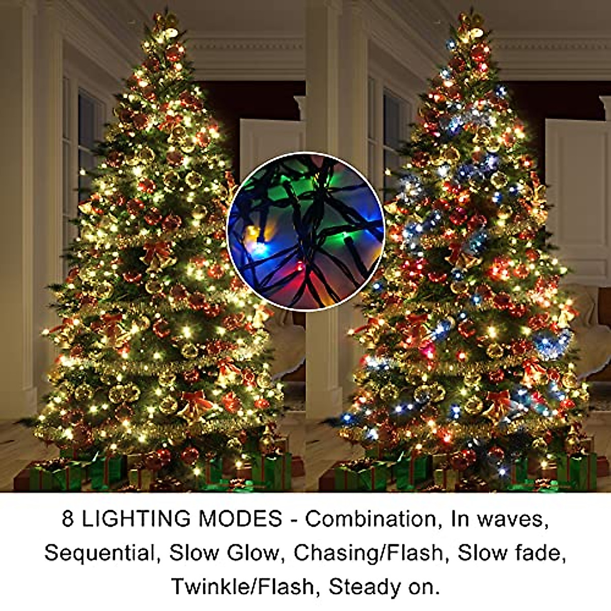 Attmu 72.2ft Christmas Lights, 8 Modes String Lights Outdoor Fairy Lights, 200 LED Waterproof Christmas Decorations for House Home Christmas Tree Valentines Lights Indoor Garden Holiday