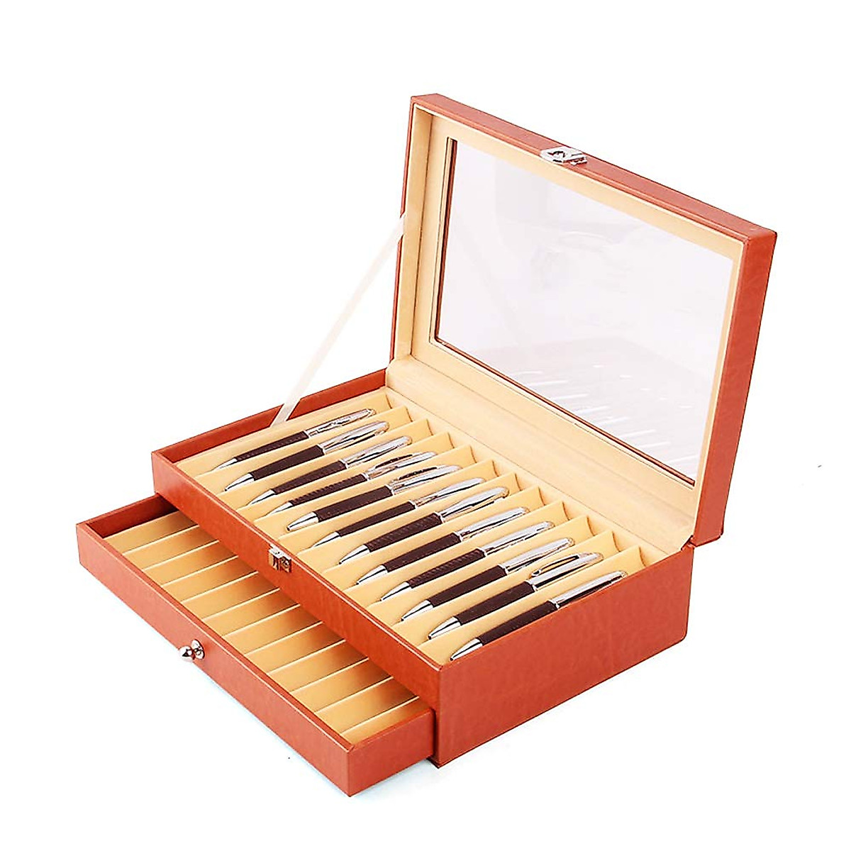 Pen Display Box 24 Piece Black Leather Flannel Pen Organizer Box,Glass Pen Display Case Storage Box with Lid,Top Glass Window Two Level Display Case with Drawer Pen Collection Display Case (Orange)