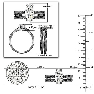 Dazzlingrock Collection 12X6 mm Lab Created Marquise White Sapphire & Round Black Diamond Bridal Ring Set in Black Plated Sterling Silver, Size 10