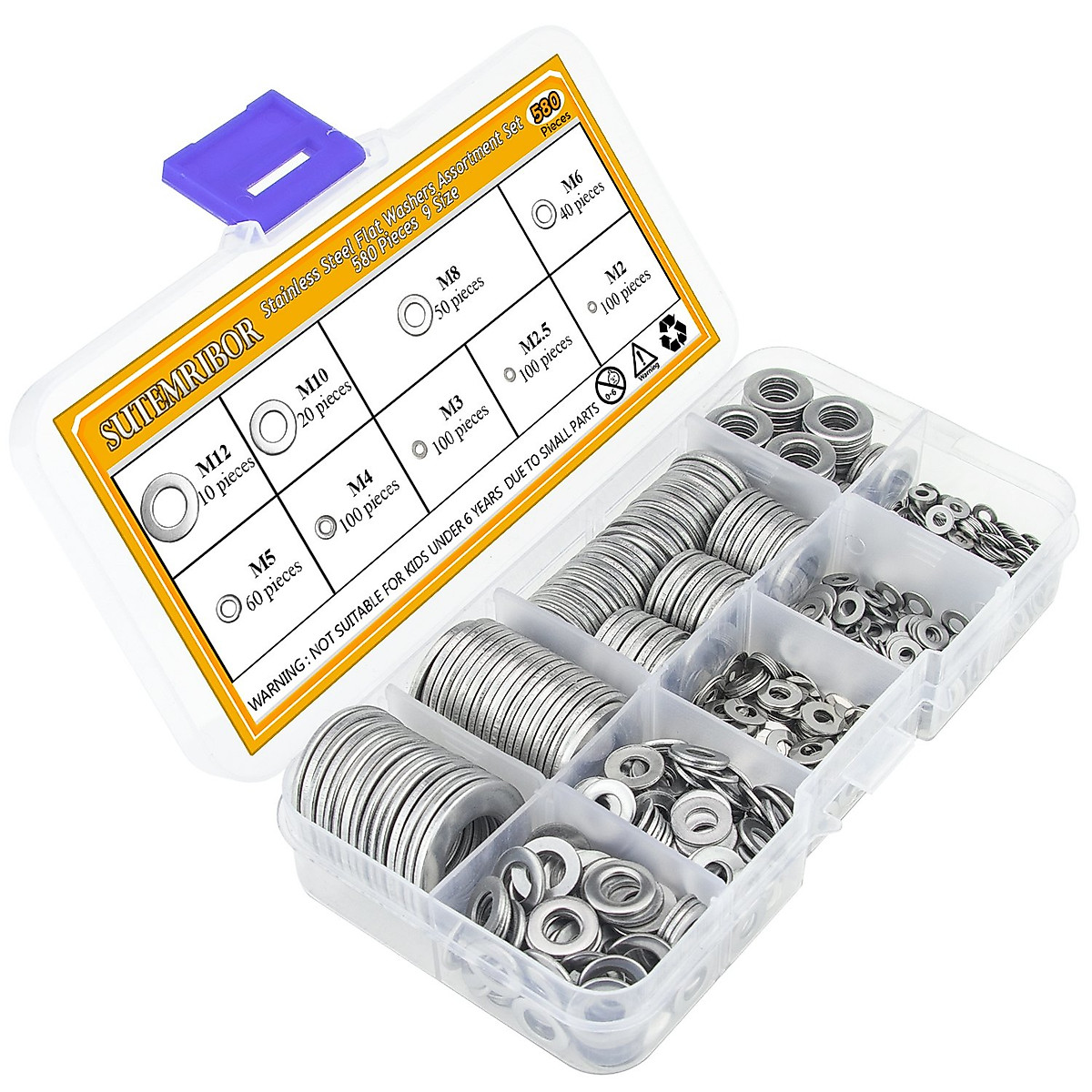 Sutemribor 304 Stainless Steel Flat Washers Set 580 Pieces, 9 Sizes - M2 M2.5 M3 M4 M5 M6 M8 M10 M12