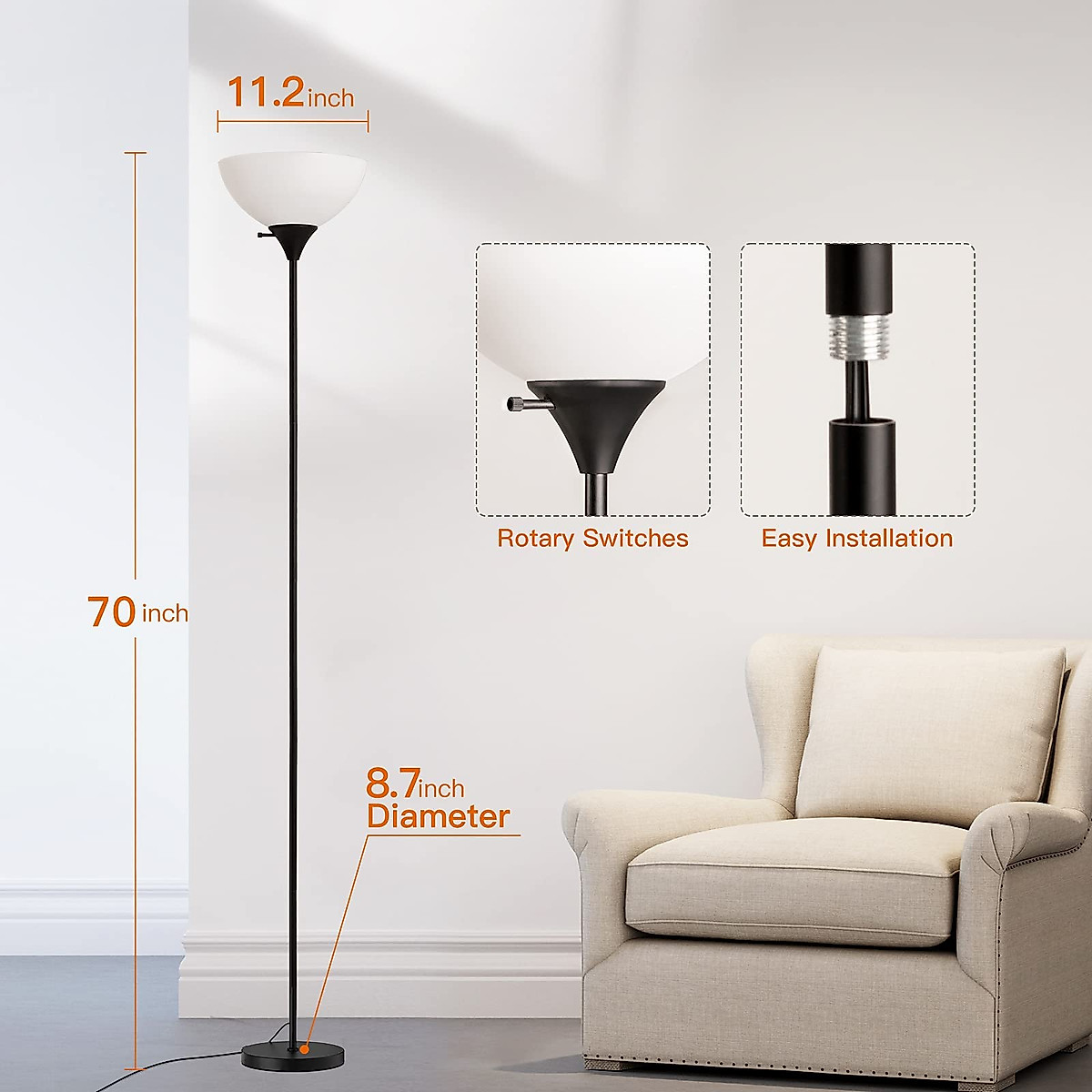 addlon Sky Dome Floor Lamp, Tall Standing Pole Lamp for Living Room and Bedroom, Torchiere Floor Lamp, Home Decor Lamp, LED Bulb Included, Black