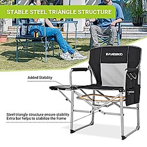 FUNDANGO Heavy Duty Outdoor Director Chairs Side Table, Tray, Foldable, Portable with Handle, Armrest, Mesh Backrest for Camp, Lawn, Picnic, Sports, RV, BBQ, Fishing, 19.7"D x 21.6"W x 17.3"H, GREY