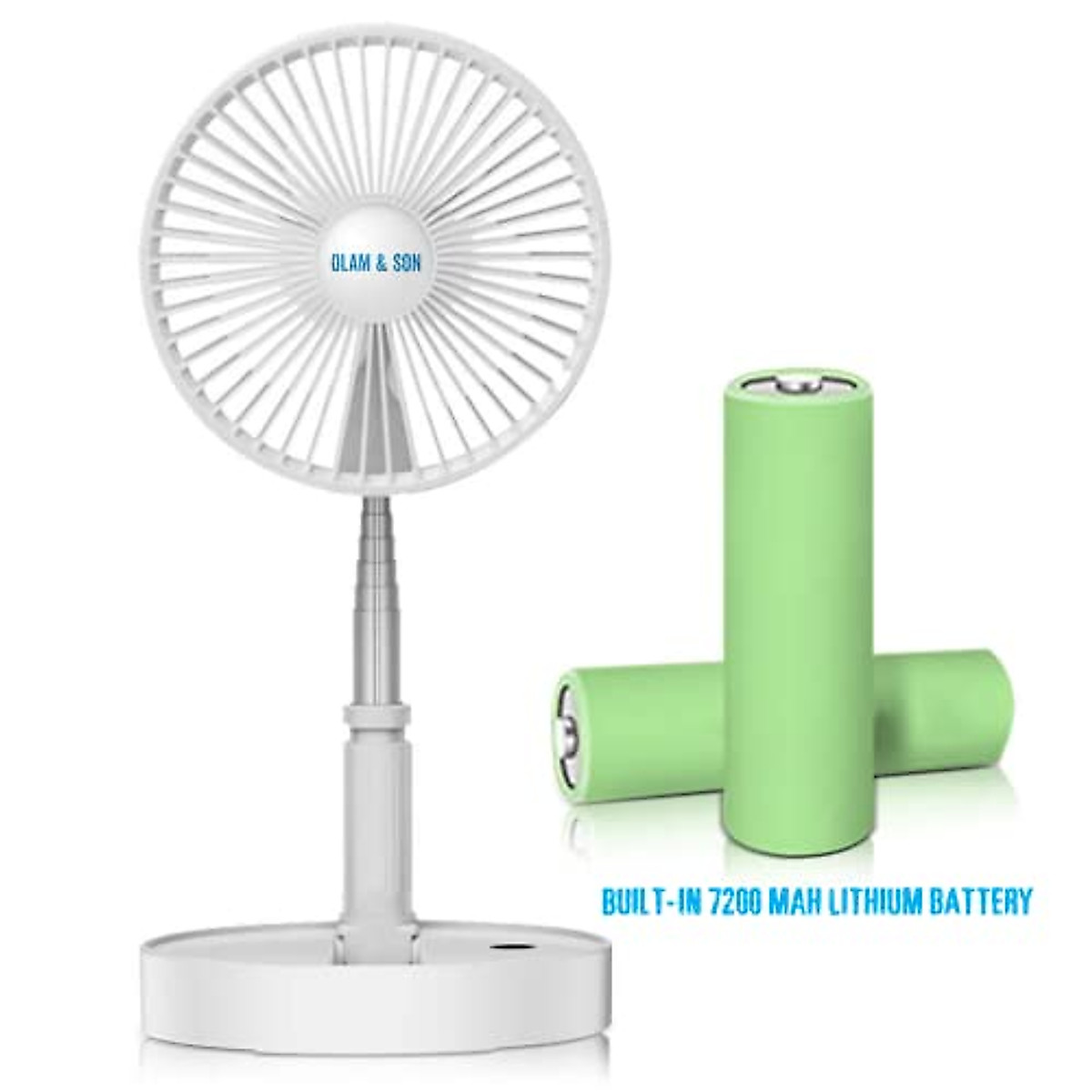 Olam & Son Portable Folding Backup Fan Foldable Height Adjustable Tripod 7200mAh Mini USB Rechargeable Operated Fan For Office Home, white, ZK-20321