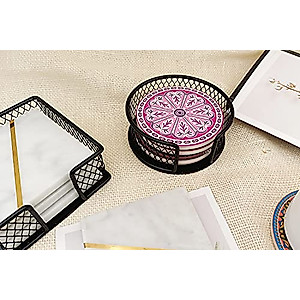 Round Metal Coaster Holder with Cork Paded Base, Black Minimalist Holder for 6PCS Ceramic Coasters of Upto 4" in Size