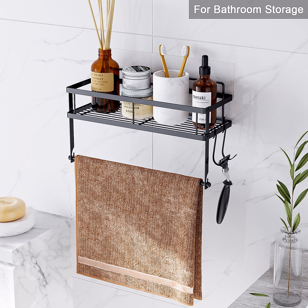 ESOW Paper Towel Holder with Shelf Storage, Adhesive Wall Mount 2-in-1 Basket Organizer for Kitchen & Bathroom, Durable Metal Wire Design, Stainless Steel 304 Matte Black Finish