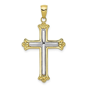 Solid 10k Yellow Gold Two Toned Cross in Budded Yellow Cross Frame Pendant Charm