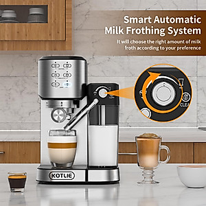 KOTLIE Espresso Coffee Machine with Milk Frother, One-Touch Automatic Coffee maker for Espresso/Cappuccino/Latte, ESE Pod Compatible, 20Bar Pump, Dual Heat System 1350W and 900W (120, Volts) (Metal)