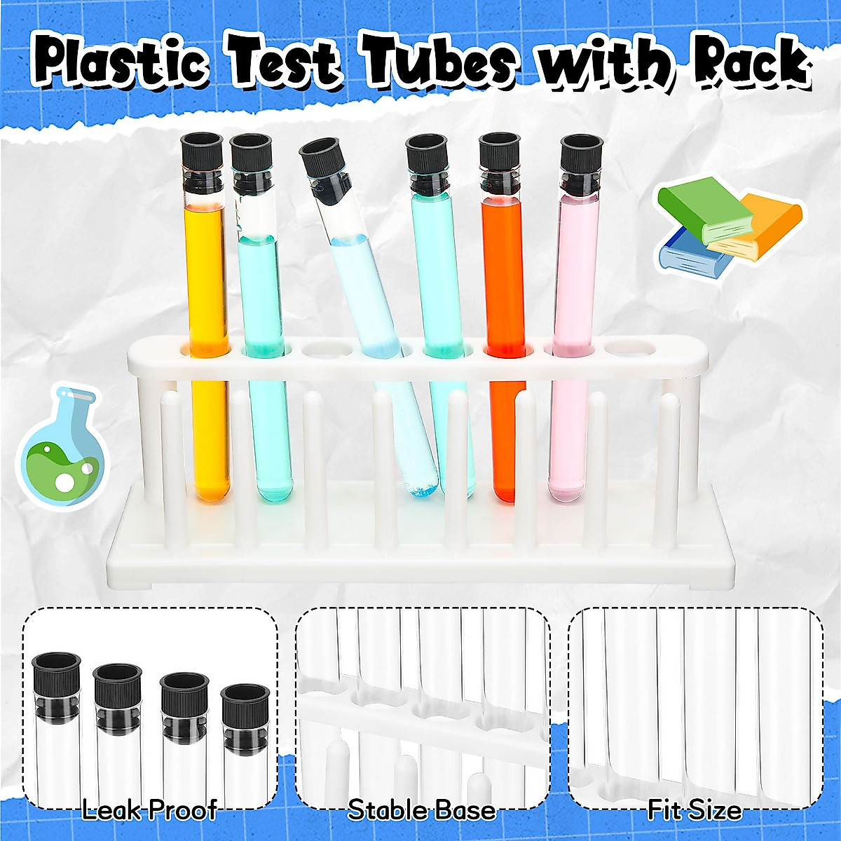 Saysurey 2 Sets Test Tubes with Rack, 16 Pcs Clear Plastic Test Tubes with Caps and 2 Pcs 8 Holes Test Tube Holder with 8 Drying Pins Test Tubes with Stand for Scientific Experiment Nurse Party Favors