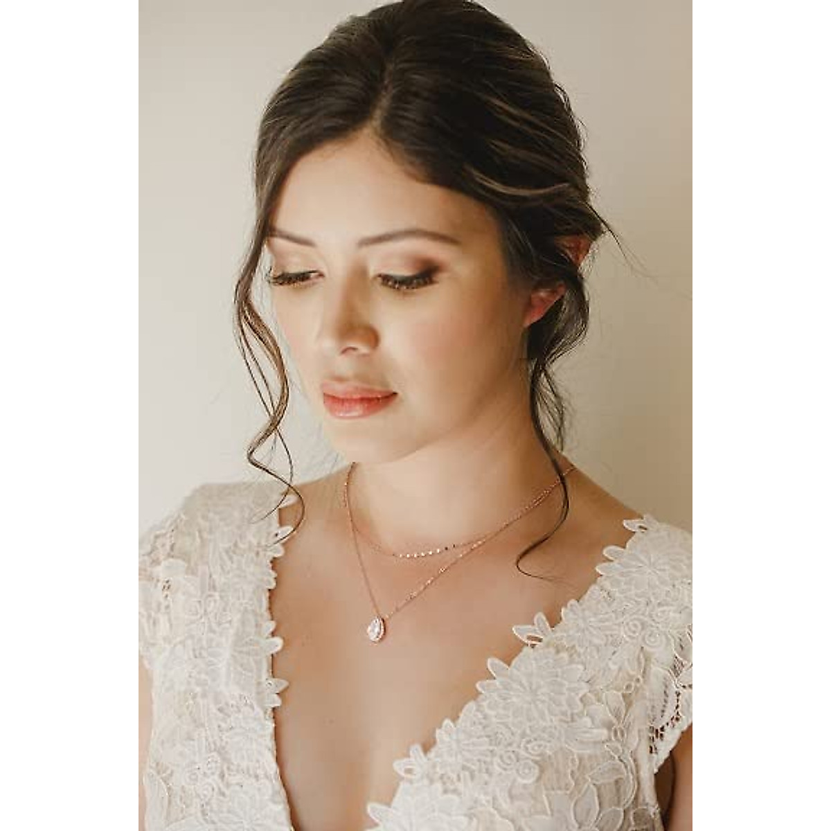 SWEETV Teardrop Wedding Back Necklace for Bride Bridesmaids, Rose Gold Cubic Zirconia Simple Back Pendant Bridal Necklace for Wedding Party