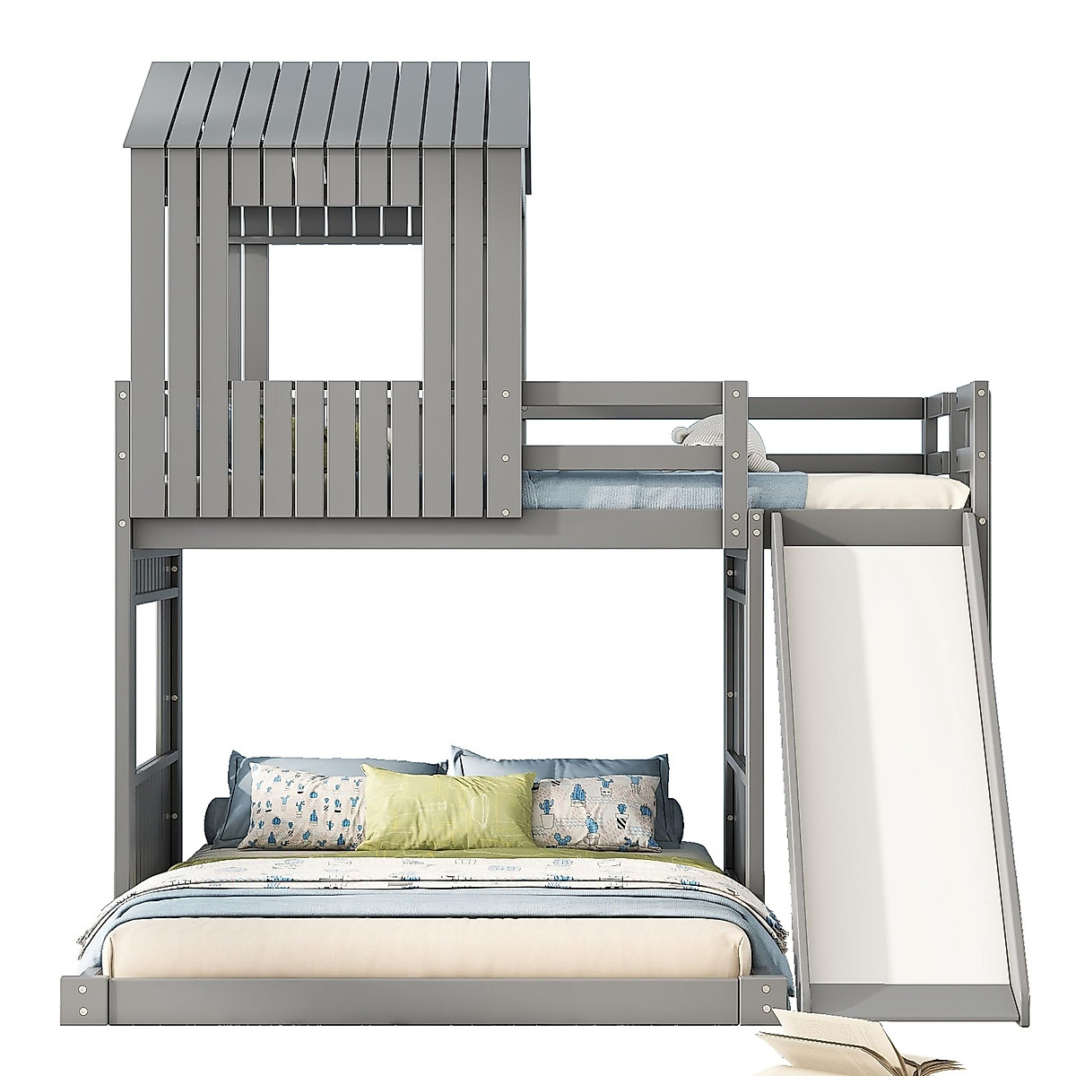 MERITLINE House Bunk Beds with Slide, Twin Over Full Bunk Bed for Kids with Playhouse Design, Wood Toddler Bunk Beds with Roof,Windows and Ladder for Boys or Girls, Gray