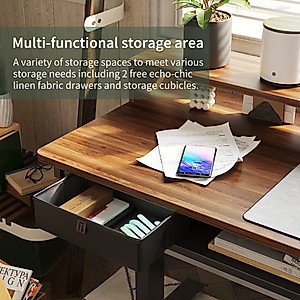 FEZIBO L Shaped Standing Desk with LED Strip & 2 Drawers, Triple Motors Supports Over 300lbs, Upper and Lower Storage Shelves Available, Electric Height Adjustable, for Home Office, Black Walnut