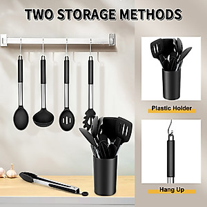 Silicone Cooking Utensils Set, E-far 14-Piece Black Kitchen Utensils Set with Holder, Kitchen Tools Spatulas with Stainless Steel Handle for Non-stick Cookware, Heat Resistant & Dishwasher safe