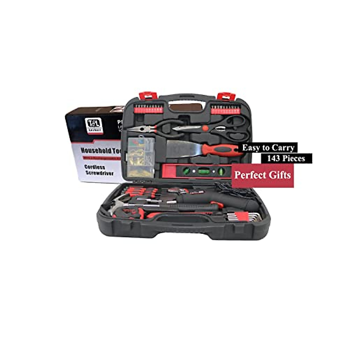Small Home Tool Kit included Battery Screwdriver Cordless Women's Tool Kit with Case-SAVWAY P7994 Hand Tool Set with Black Toolbox for DIY Projects
