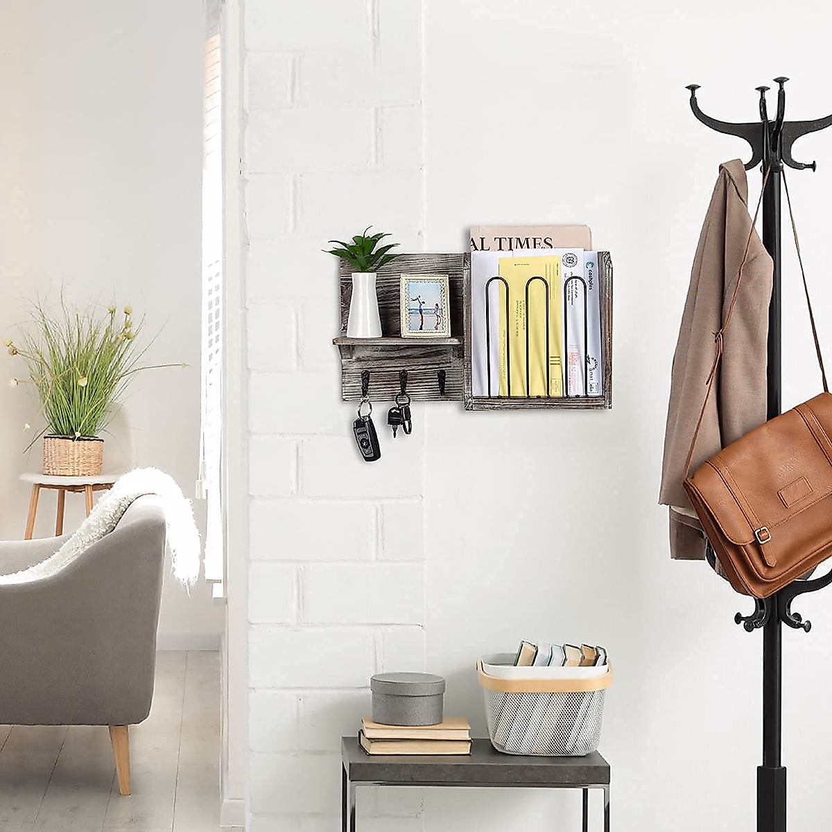J JACKCUBE DESIGN Wall Mounted Rustic Wood Key & Mail Sorter Organizer with 3 Key Hooks and Shelf - for Entryway or Mud Room – Holds Documents, Bills, Letters, Keys and More- MK232A
