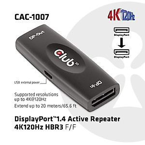 Club 3D DisplayPort 1.4 Active Repeater 4K120Hz HBR3 F/F - 65.62 ft Maximum Operating Distance - DisplayPort - USB,CAC-1007