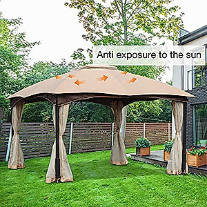 Aoodor Patio Gazebo 12' x 12' Metal Frame with Mesh Netting Canopy Top - Khaki Color