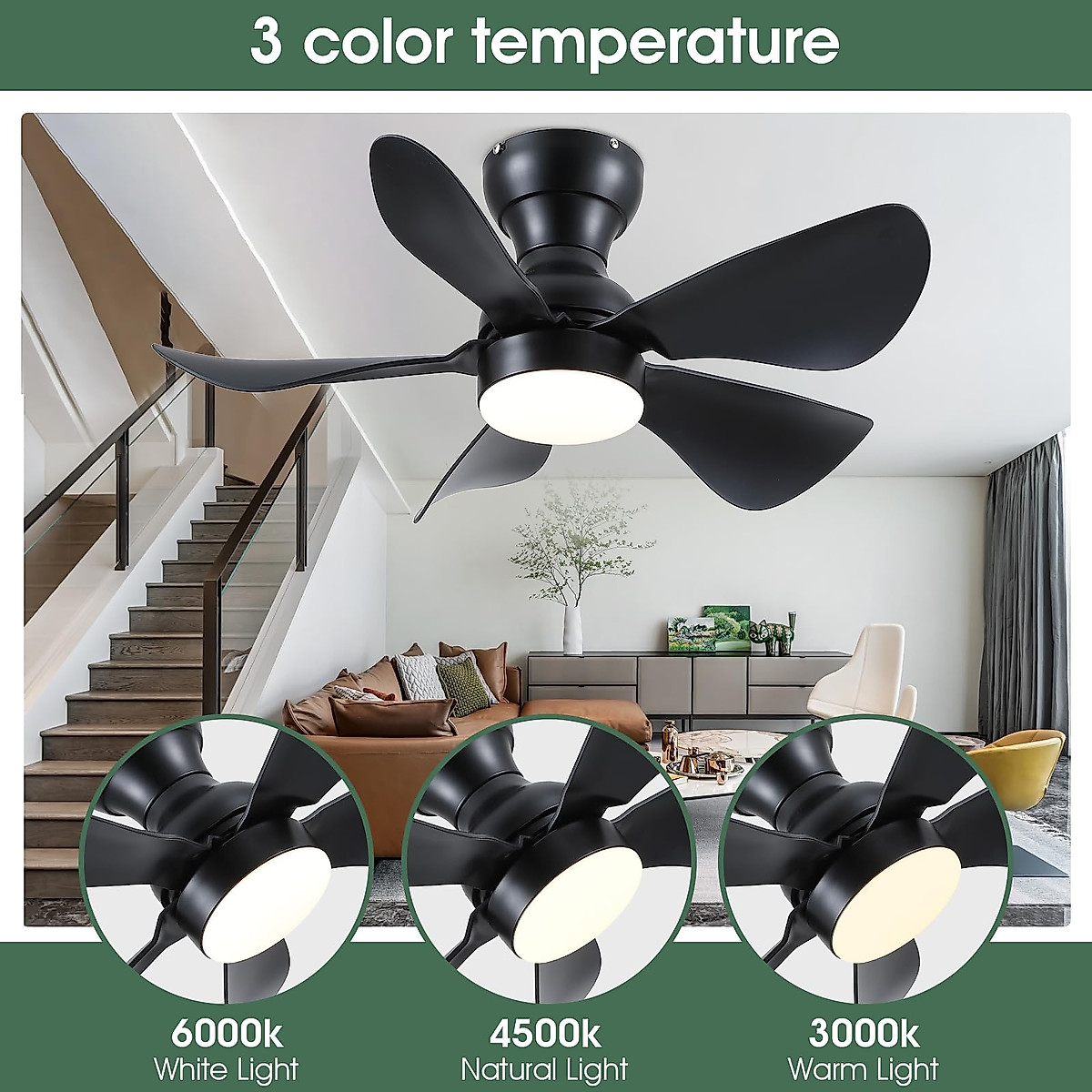 Kviflon Ceiling Fans with Lights and Remote/APP Control, 30 inch Low Profile Ceiling Fans with 5 Reversible Blades 3 Colors Dimmable 6 Speeds Ceiling Fan for Bedroom Kids Room Dining Room, Black