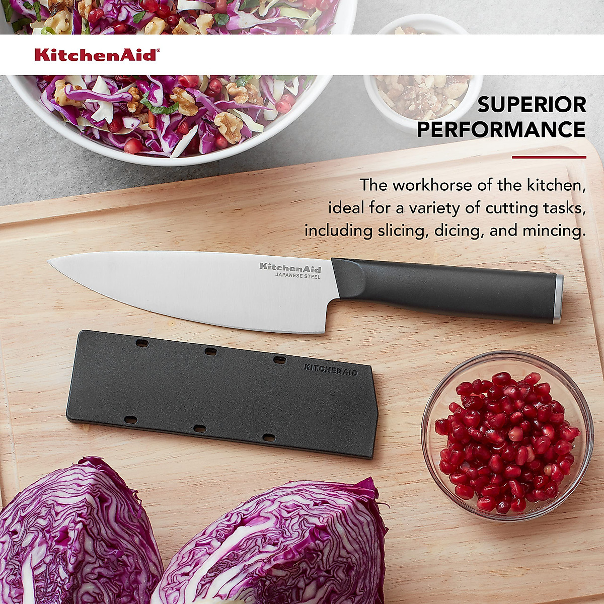 KitchenAid Classic Chef Knife with Custom-Fit Blade Cover, 6-inch, Sharp Kitchen Knife, High-Carbon Japanese Stainless Steel Blade, Black