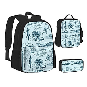 Vintage Lizard Insects School Backpack Girls Boys Set Bookbag - With Lunch Bag & Small Cute Pencil Case Bookbags For Elementary Teen Kids, One Size