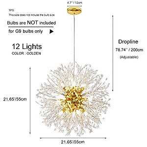 Qamra Modern Crystal Gold Chandeliers, Firework Dandelion Sputnik Chandelier Light Fixture Pendant Lighting for Dining Room, Bedroom, Kitchen, Living Room(12-Light, Gold)