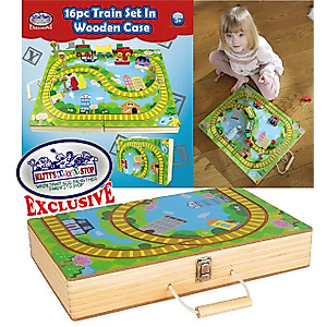 Matty's Toy Stop 16pcs Wood Train Set in Play and Carry Case