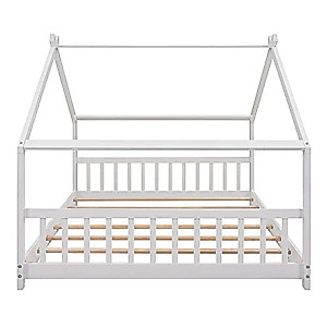 Harper & Bright Designs Full Size House Bed for Kids, Wooden House Bed Frame with Headboard and Footboard, House Floor Bed with Slat Support, No Box Spring Needed (White)