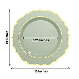Efavormart 10 Pack | 10" Sage Green Plastic Dinner Plates Disposable Tableware Round With Gold Scalloped Rim for Wedding, Outdoor Receptions, Banquets, Holiday Dining